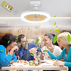Modern Ceiling Fan with Lights, 10 inches Enclosed Bladeless Ceiling Fan with Remote Control, Flush Mount Low Profile LED Ceiling Fan Light with 3 Colors Dimmable, Smart Timer, Suitable for E27 Base