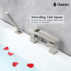 DASAN Roman Bathtub Faucet Set with Handheld Shower Sprayer 3-Hole Deck Mount Square Tub Filler Faucet Set, Brushed Nickel Waterfall Roman Tub Faucet with Valve Included, DA-TF09SWH-BN