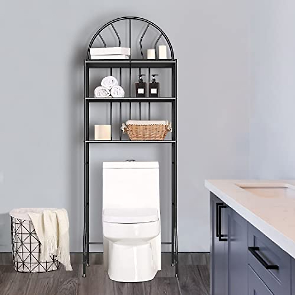 Majzya Over The Toilet Storage Rack, 3-Tier Bathroom Organizer Bathroom Shelf Space Saver, Freestanding Bathroom Cabinet Tower Shelf Above Toilet Stand, Black