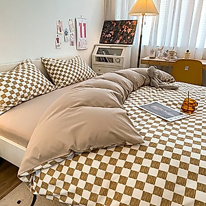 BEUFLO DREMS Checkered Duvet Cover Twin,100% Cotton Soft Duvet Cover Sets 4 PCS Plaid Bedding Comforter Cover Set with Zipper,Brown Bedding Set,1 Duvet Cover +1 Flat Sheet + 2 Pillow Cases