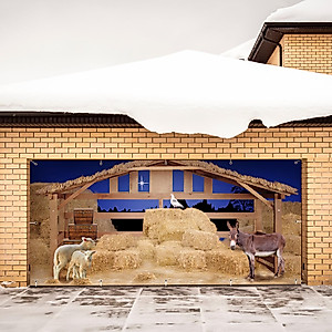 Preboun Christmas Nativity Garage Door Banner Cover Nativity Stable Scene Backdrop Banner Farm Barn Backdrop Christmas Banner Western Photo Backdrop Outdoor Xmas Holiday Winter Party Decor (6 x 13 FT)