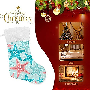 Kigai Christmas Stockings Sea Pattern with Starfish Large Candy Stockings Stuffers Kids Cute Xmas Sock Decorations 1PC for Home Holiday Party 12" x18"
