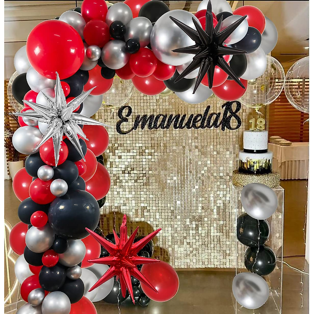 Black Red Silver Balloons Arch Decorations, Graduation Balloons Decoration18" 12” 5“ Balloons Black Red and Silver Foil Explode Star for Birthday 1st 21st 30th 40th 60th Party Grad New Year Decor