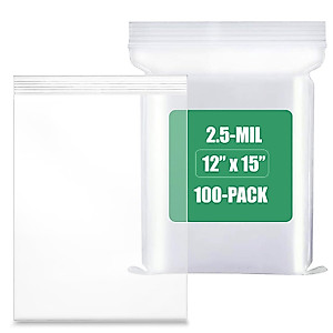 100-Count, (12" x 15") - 2.5 Mil Thickness Clear Zipper Reclosable Bag, Zip Bags, Ultra Heavy Duty Lock Seal Poly Plastic Bags for Prints, Photos, Documents, Clothing, T-Shirt