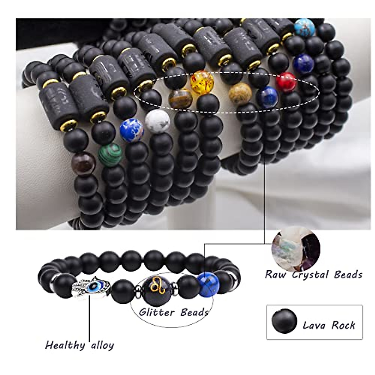 Yomlry 2Pcs Zodiac Bracelet 8MM Beaded Evil Eye Bracelet Spiritual Healing Crystal Bracelet for Women Men 12 Constellation Bracelet Zodiac Sign Horoscope Gift Hamsa Protection Couple Bracelet Set,