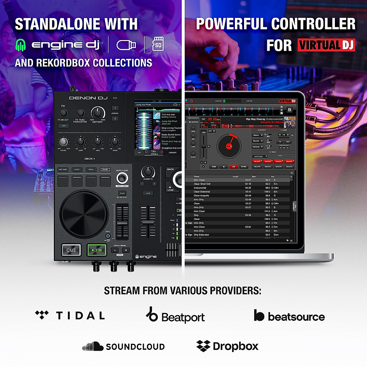 Denon DJ PRIME GO – Portable DJ Controller and Mixer with 2 Decks, WIFI Streaming, 7-Inch HD Touchscreen, DJ Set with Lights Control and Rechargeable Battery