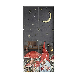 OComster Red Mushroom Black Magnetic Screen Door, Gnome Plant Flower Starry Sky Moon Hands Free Screen Mesh Size 38'' x 83'', Reinforce Heavy Duty Mesh Screen Doors for Patio/Front/Sliding Door