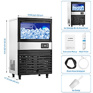 GarveeTech 120Lbs/24H Commercial Ice Maker Machine, 26lbs Storage Bin, 60Pcs Clear Ice Cubes, Stainless Steel Under Counter Freestanding Ice Machine for Home/Party/Bar/Restaurant, 2 Water Inlet Modes