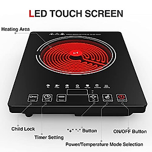 Electric Cooktop, Portable Electric Cooktop 1800W Single Burner Stove with LED Touch Screen, 8 Power & 8 Temperature Levels, Timer, Microcrystalline Panel,120V Energy Saving Hot Plate for Home Camping
