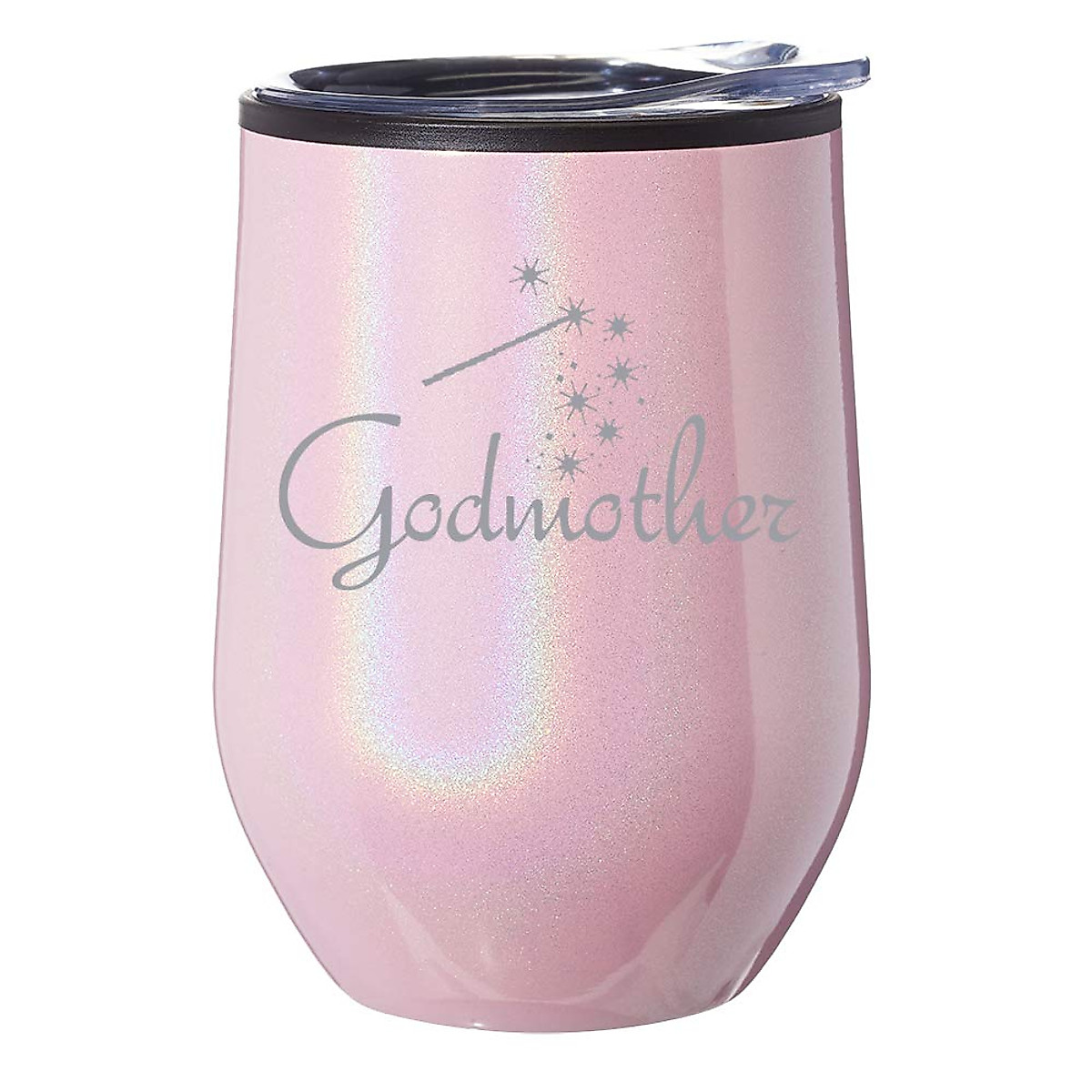 Stemless Wine Tumbler Coffee Travel Mug Glass With Lid Godmother (Pink Iridescent Glitter)