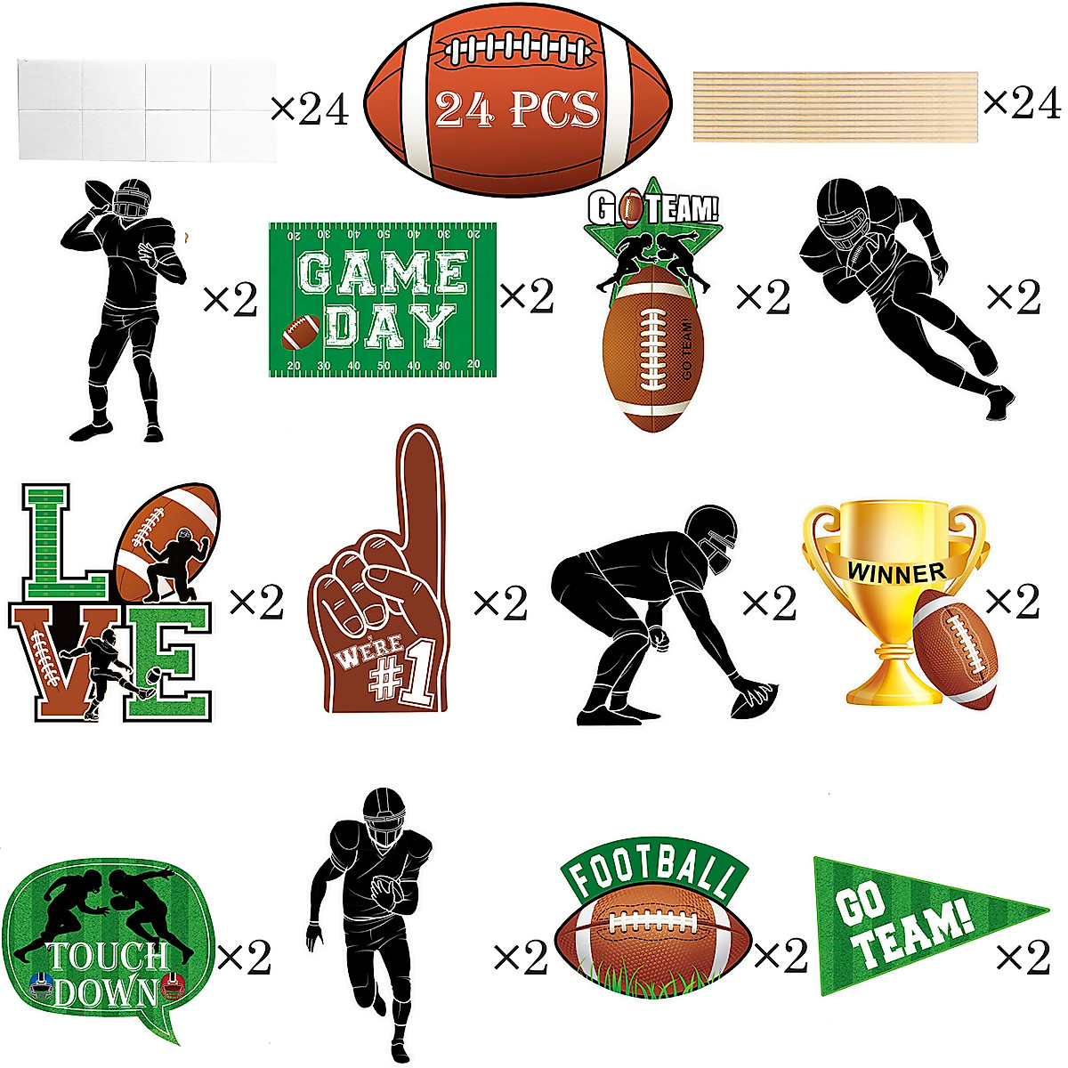 24pcs Football Party Centerpieces Sticks Football Table Toppers Decorations for Game Day Football Touchdown Party Sport Theme Birthday Party Baby Shower Supplies