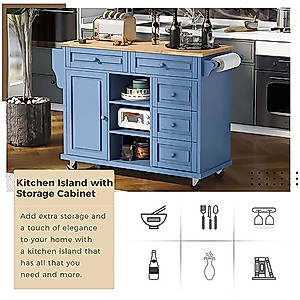 OTRIEK Kitchen Island, Kitchen Cart for Home with Rubber Wood Desktop, Rolling Serving Utility Trolley Cart on Wheel with Storage and 5 Draws, Kitchen Serving Cart for Dining Room, Bar (AAG-Blue)