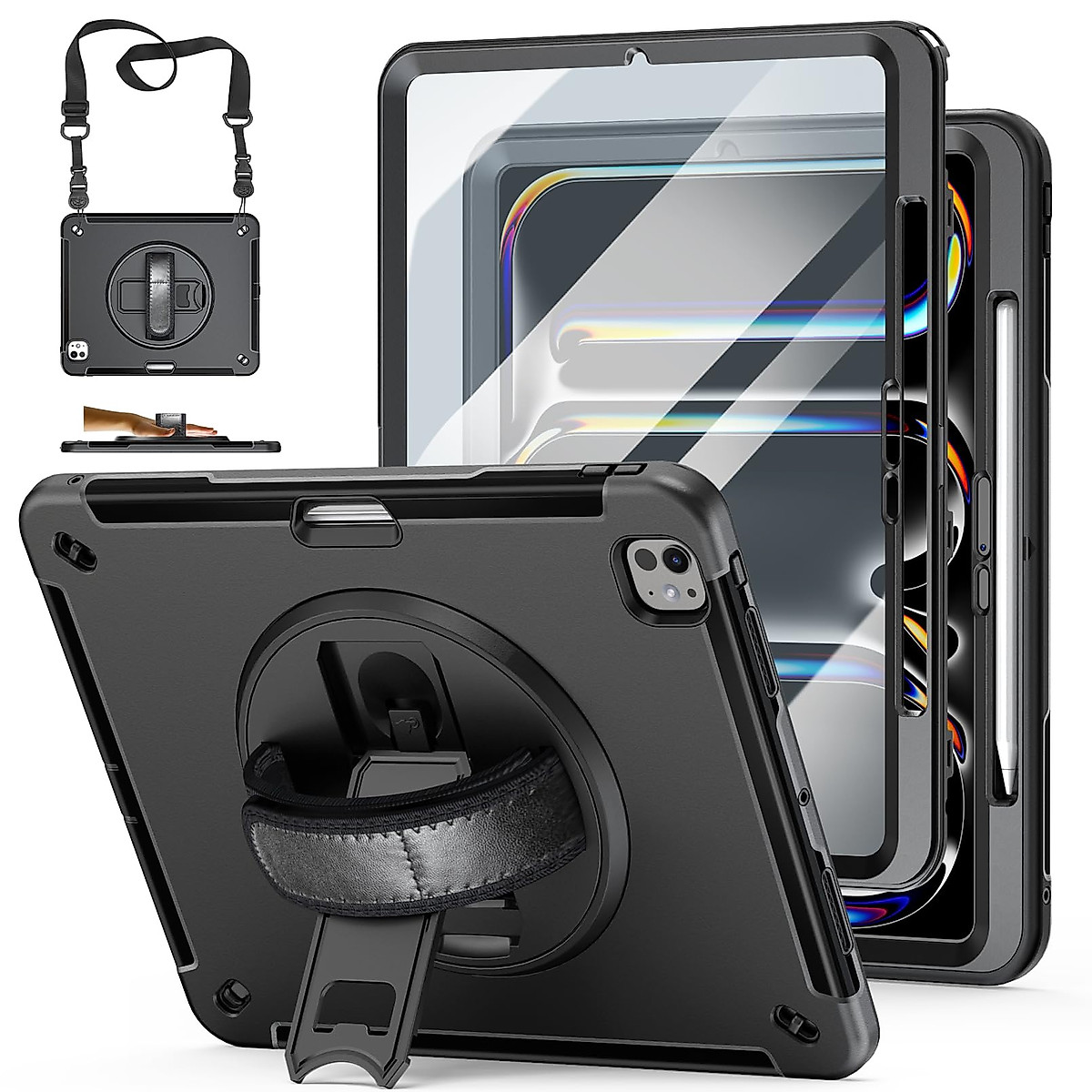 Case for iPad Pro 13 Inch 7th Generation 2024: Military Grade Cover for iPad Pro 13" (M4) W/Screen Protector - Stand - Handle - Shoulder Strap - Pencil Holder- Red