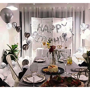 Mayen 50 Pcs 12 Inches Black Silver White Balloons Set, Black Marble Balloons, Silver Metallic and Silver Confetti Balloons, Black and Silver Birthday Party Decorations, Silver Graduation Decorations