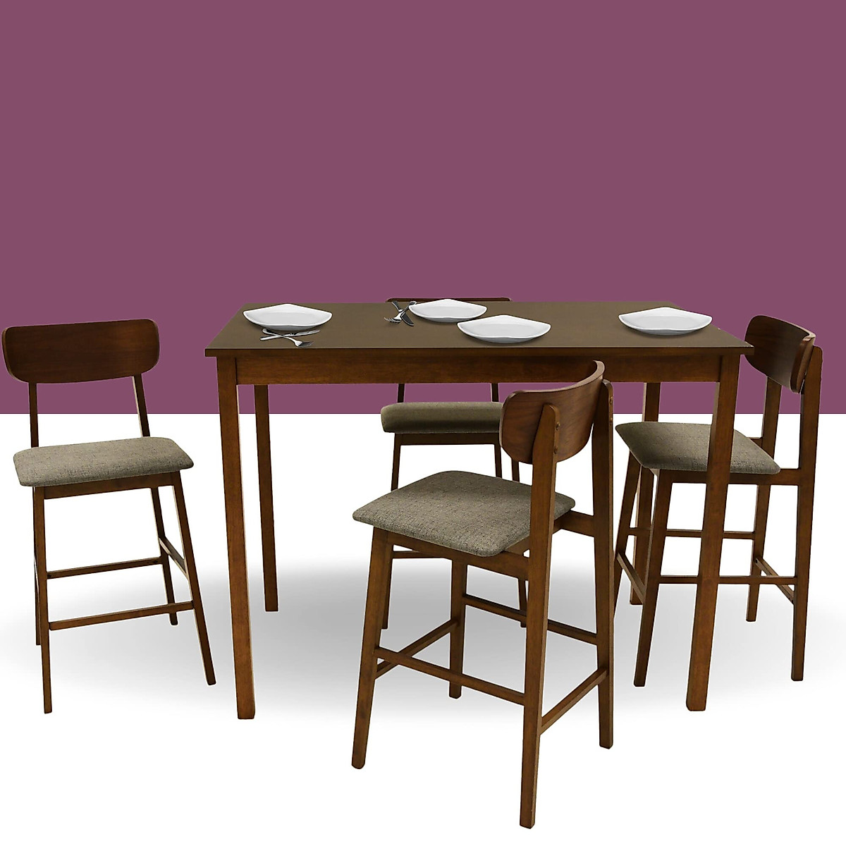 Zenvida Mid Century Counter Height Dining Table Set, Rectangle Solid Wood Table and 4 Chairs