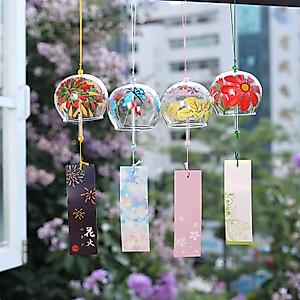 Falytemow Japanese Wind Chimes Romantic Flowers Small Wind Bells Handmade Glass Japanese Style Pendant for Birthday Present Home Decors (Yellow Flower, Chrysanthemum, Butterflies, Fireworks, 8 cm)