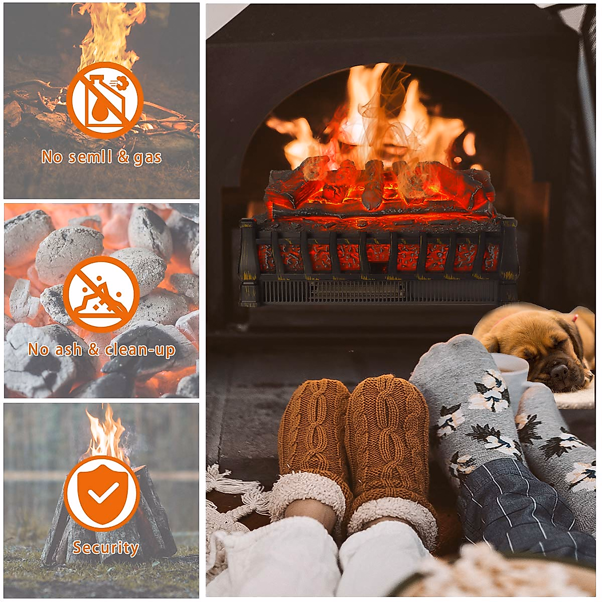 Electric Fireplace Logs 21in Inserted Heater with Remote Realistic Dancing Flame Effect Adjustable Brightness Overheating Protection Christmas Home Decoration 11
