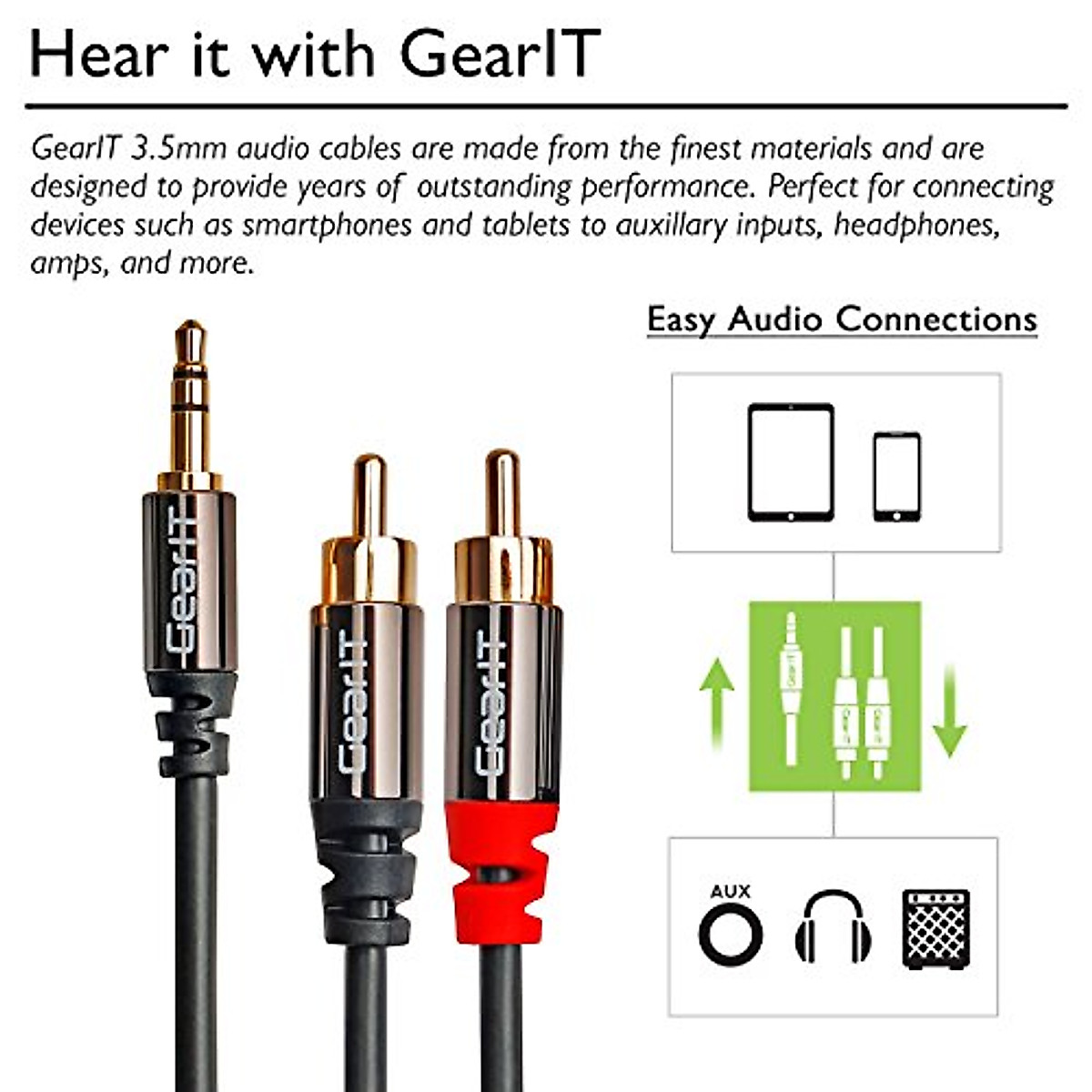 3.5mm to RCA Cable, GearIT Pro Series 35 Feet Premium Gold Plated 3.5mm to RCA Audio Stereo Cable for Headphones, Home System, Car Stereo, iPods, iPhones, MP3 Players and More - Black