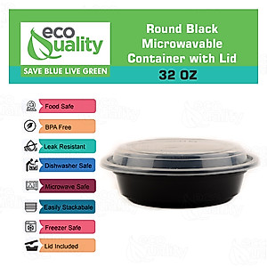 32oz - 10 Count - Round Microwavable Plastic Meal Prep Containers with Lids - Food Storage Container - Certified BPA-Free, Stackable, Reusable Microwave, Dishwasher, Freezer Safe, Disposable (Black)