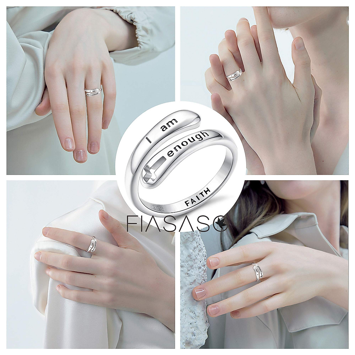 FIASASO 925 Sterling Silver Rings I am Enough Inspirational Rings Faith Christian Cross Encouragement Statement Rings for Women Men I am Enough