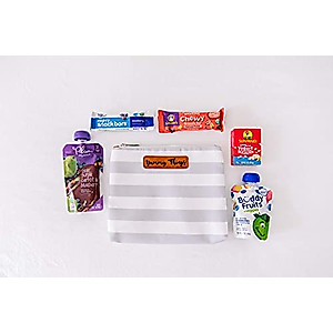 Stylish Diaper Bag Organizing Pouches - XL Set of 4 Gray and White Striped Canvas Diaper Bag Pouches with Leather Embossed Labels, Leather Wristlet Strap & Durable Metal Zippers