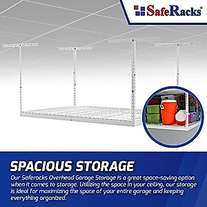 SafeRacks Overhead Garage Storage Rack, Heavy Duty Steel Ceiling Mount Storage Shelves with 500 lb Capacity, Adjustable, Garage Overhead Storage, Shelving, Ceiling Racks 4x6 White (24"-45")