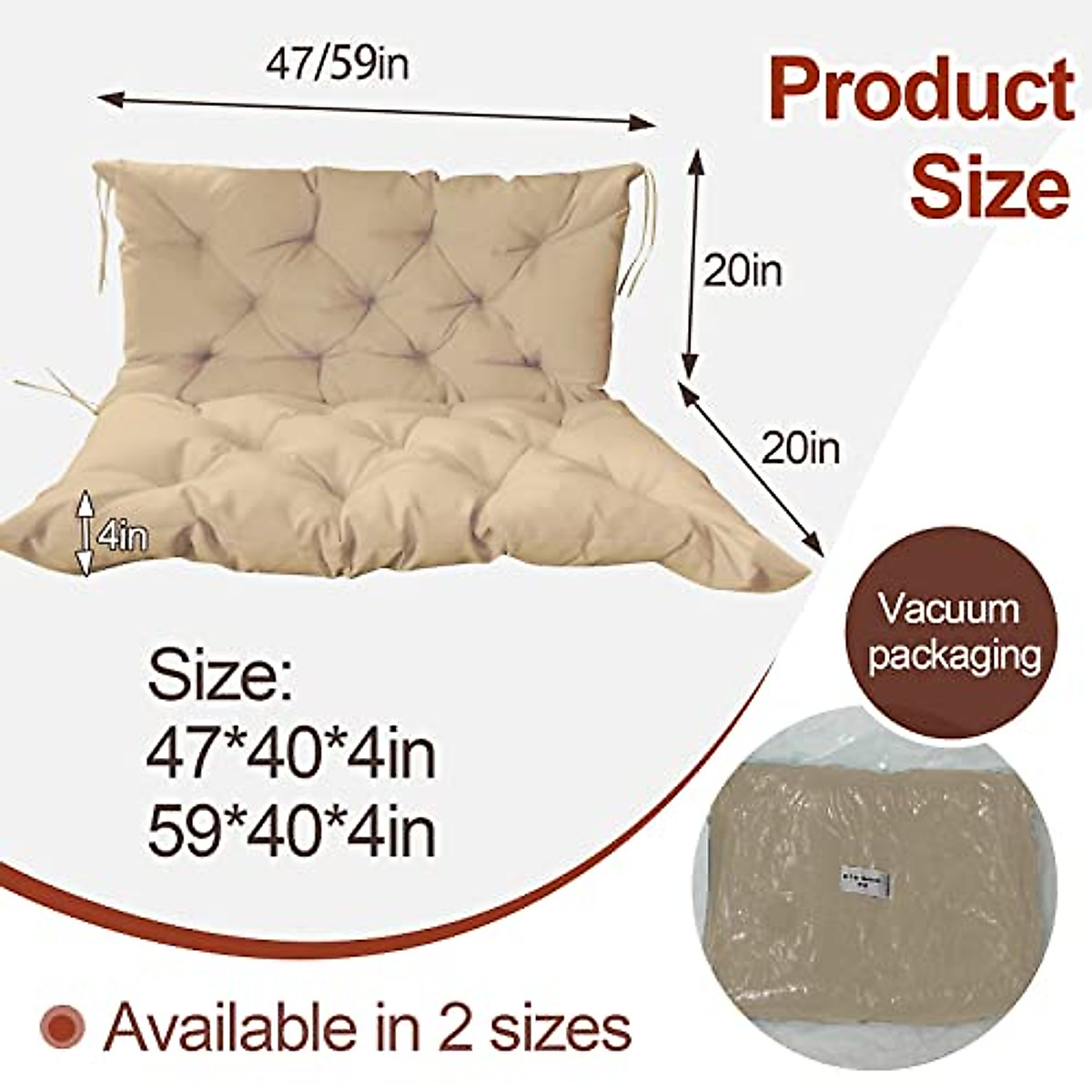 MiokyStaner Porch Swing Cushions with Backrest, 2-3 Seater Waterproof Bench Pad Cushions, Thicken 4" Outdoor Swing Cushions, for Outdoor Patio Garden Furniture (59x40in, Beige)