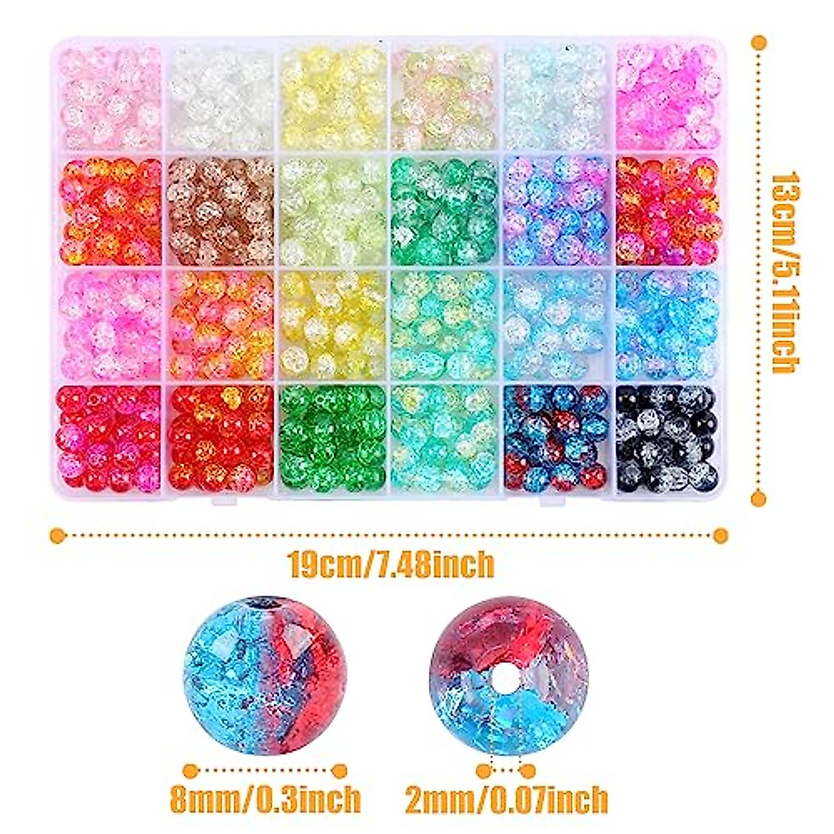24 Color Glass Beads for Jewelry Making Bracelet Making Kit, DIY Gemstone Beads Crystal Beads, Cracked Glass Beads Round Beads for Women 8mm