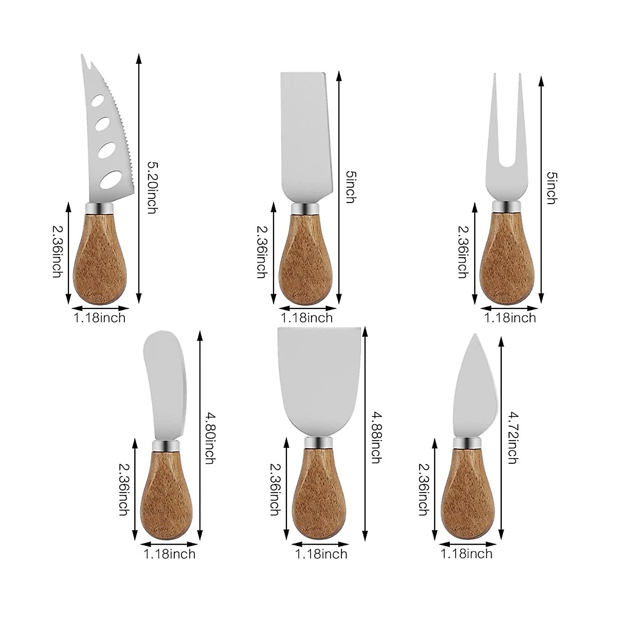 Makenna Premium Specialty Cheese Knife Set — Custom Storage Case Gift Box, Wide Solid Wood Handle, Stainless Steel Blade, Spreader, Slicer, Fork, 6 Pc Knives, Spatula for Charcuterie Board