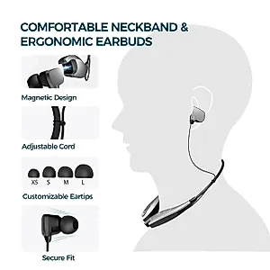 Neckband Headphones, Around The Neck Bluetooth Headphones w/Noise Cancelling Microphone, Bluetooth Headset w/ 22hrs Playtime, Neck Earphones Stereo Bass, for Music, Conference, Video, Call, Silver
