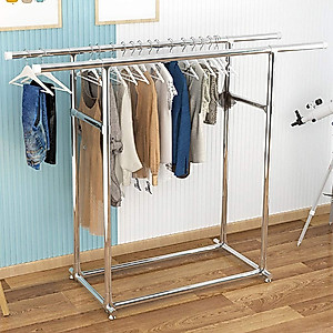 Jixi Drying Rack Clothes Airer Stainless Steel Drying Rack Floor Telescopic Indoor and Outdoor Home Balcony Double Pole Clothes Hanger Laundry Rack (Color : Stainless Steel)