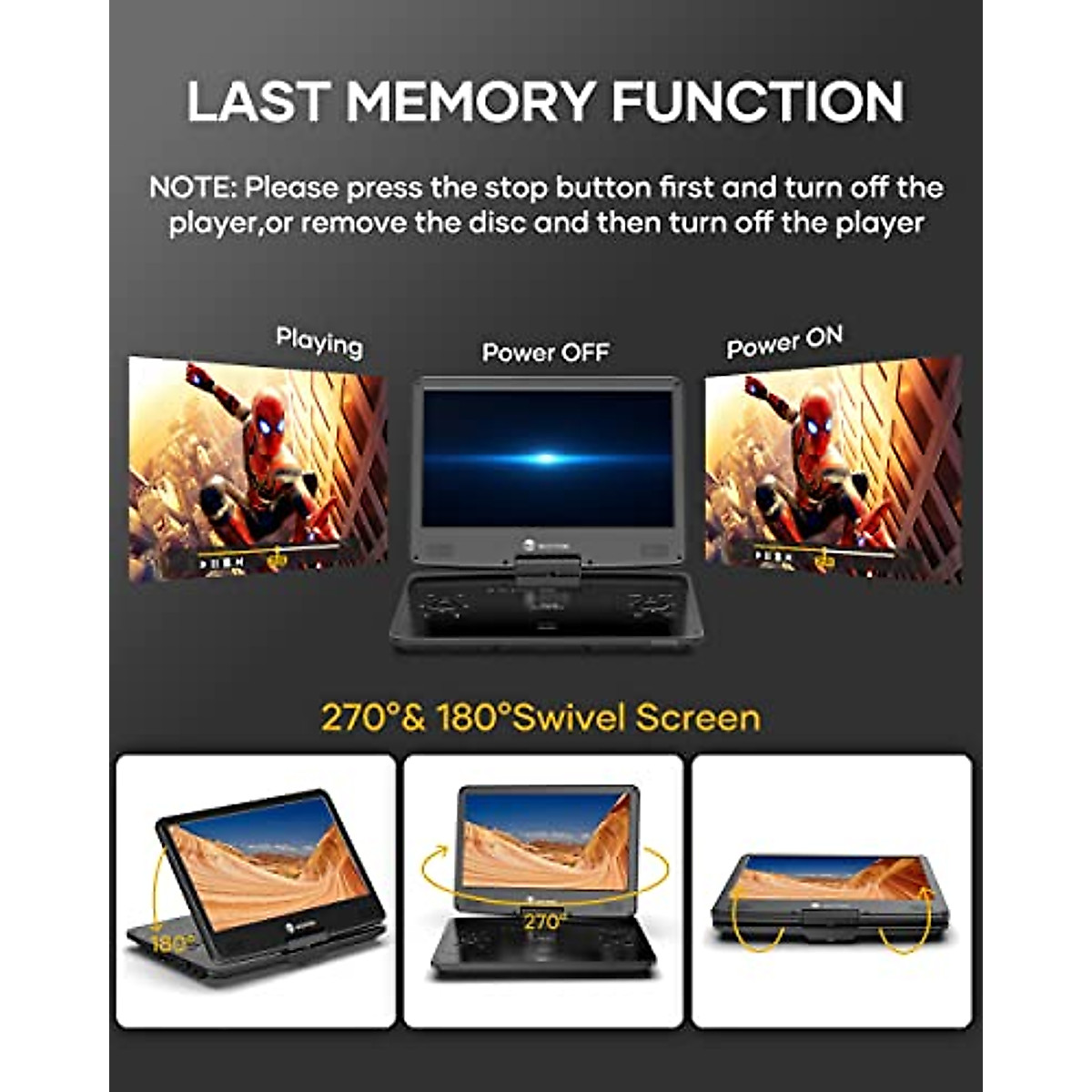 WONNIE 16.9" Portable Blu ray DVD Player with 14.1" 1080P HD Swivel Screen, 4-Hour Rechargeable Battery, Supports HDMI Output, Dolby Audio, Last Memory, Region Free, USB/SD Card, AV in