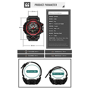 KXAITO Men's Watches Sports Outdoor Waterproof Military Watch Date Multi Function Tactics LED Face Alarm Stopwatch for men 3169 (Red_Band)