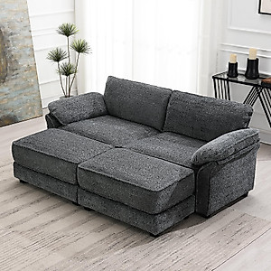 KIVENJAJA 81” Oversized Loveseat with 2 Ottomans, Comfy Chenille Modular Sectional Cloud Couch, Double Chaise Sleeper Sofa Bed for Living Room Apartment Small Space, Grey