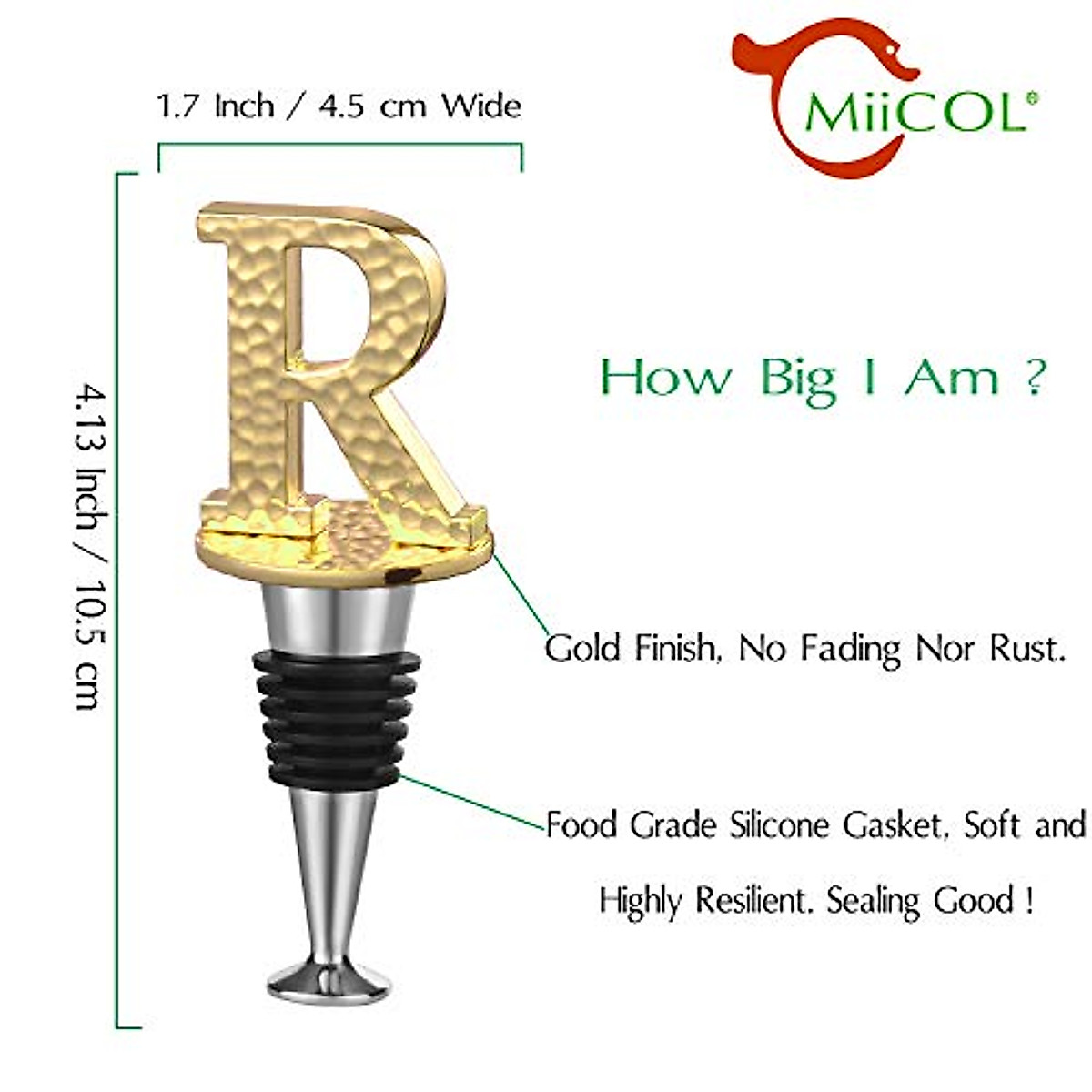 Miicol Initial Letter Wine Stopper, Monogram Hammered Metal, Perfect Wine Gift, Elegance Meets Utility, Wide Used in Kitchen Decor, Bar, Wedding Party, Gold Finish, Letter (A to Z) R