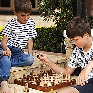 Magnetic Wooden Chess Set for Kids and Adults – 15 in Staunton Chess Set - Large Folding Chess Board Game Sets - Storage for Pieces | Wood Pawns - 2 Extra Queens