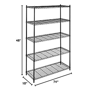 Whitmor Supreme Tier Shelving 5 Adjustable Shelving-500 Pound Weight Capacity Per Shelf-Leveling Feet, 18" x 48" x 74", Black