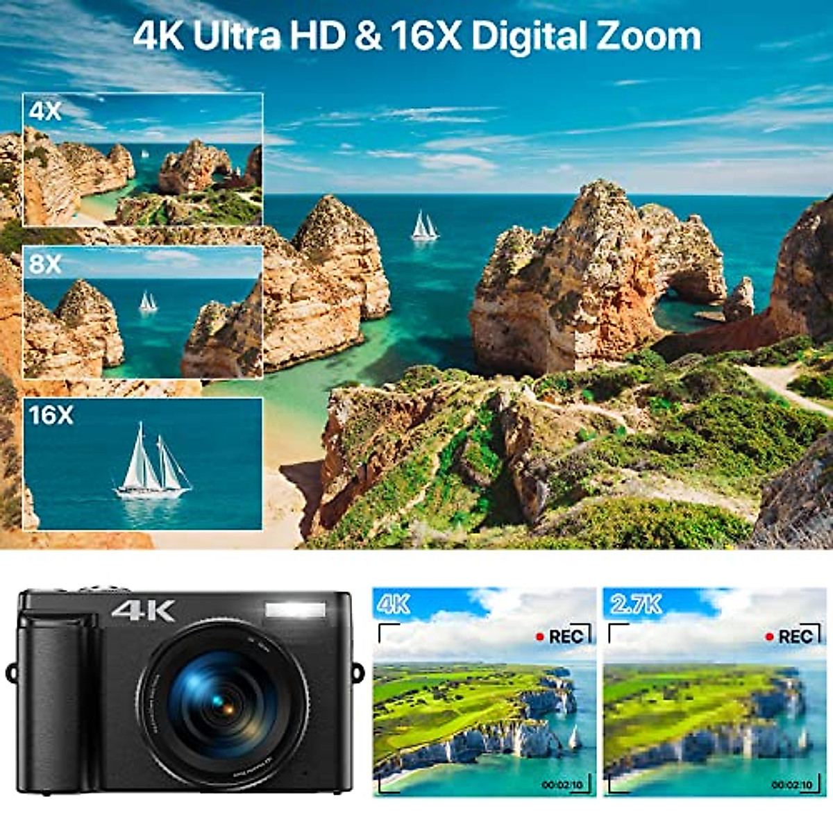 Vlogging Camera, 4K 48MP Digital Camera for Photography with 3” 180 Degree Flip Screen, Autofocus Vlogging Camera for YouTube with 16X Digital Zoom, 32G SD Card, 2 Batteries & Battery Charger