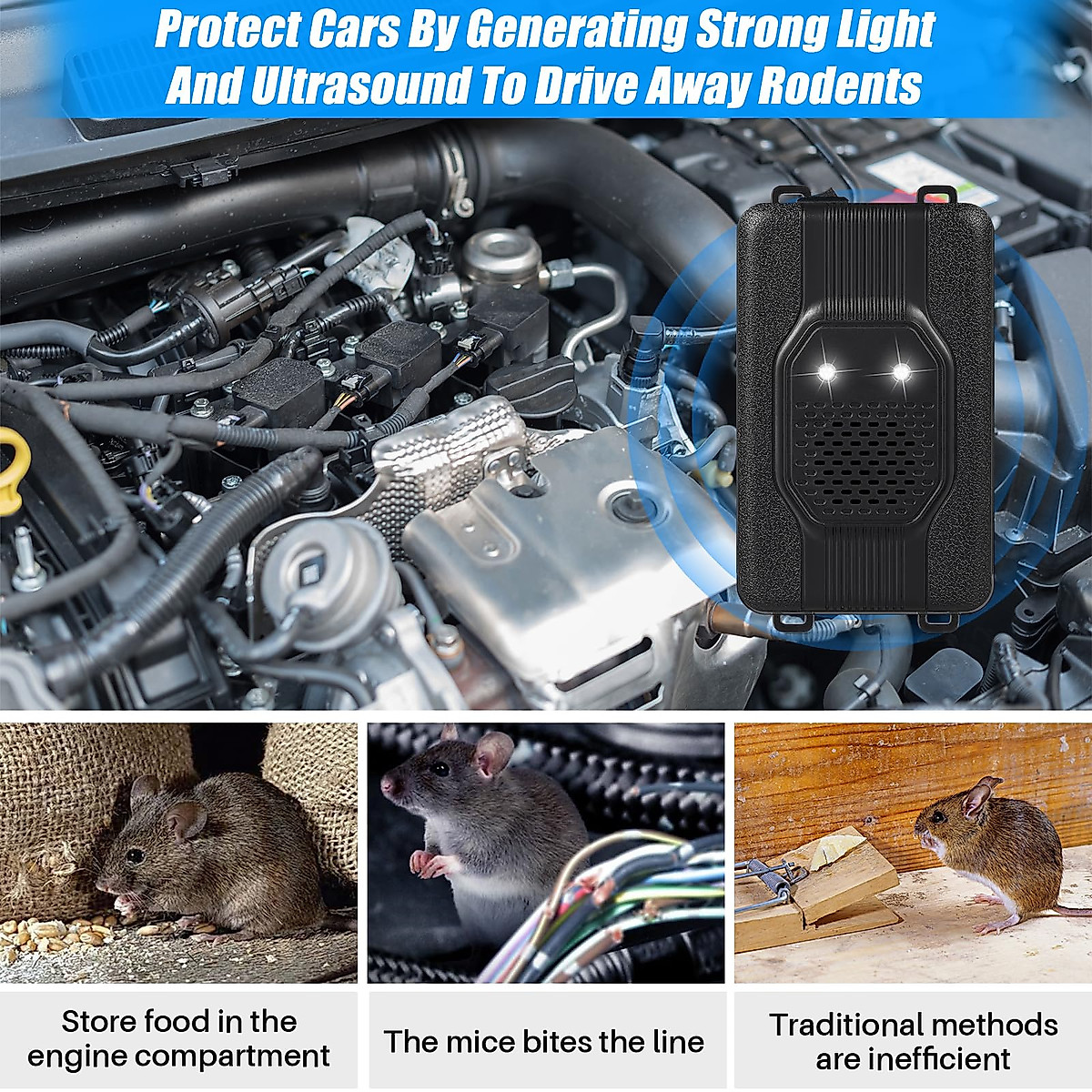 Rodent Deterrent for Cars,2 Pack Car Rodent Repellent Under Hood with Ultrasonic and Strobe Light to Keep Rodents Squirrels Out of Car,Battery Operated Rodent Repellent for Car Engines RV Garage