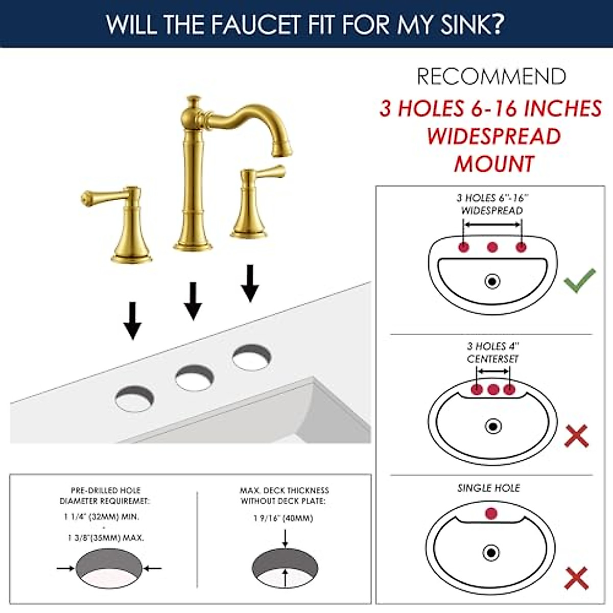 Roffenny Brushed Gold Bathroom Faucet 3 Hole, 8 inch Widespread Bathroom Sink Faucets Brushed Gold with Pop-up Drain Assembly, Traditional Two Handle Bath Vanity Faucet, 8" Spread Bathroom Faucets