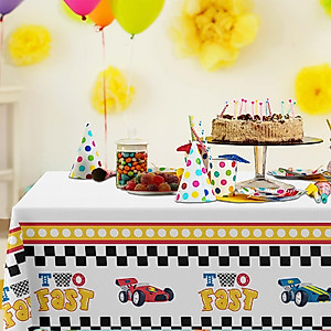 Two Fast Birthday Tablecloths Racing Car Theme Racetrack Number Checkered Table Cover Supplies for Boys 2nd Birthday Party Racing Car Theme Party Baby Shower Dining Room Kitchen Decor, 53" x 98"