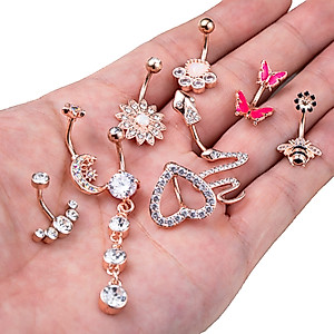 NICEIGHT 9PCS Stainless Steel Belly Button Rings Dangle Belly Rings for Women Heart Moon Snake Flower Navel Rings Body Jewelry Piercing Rose Gold