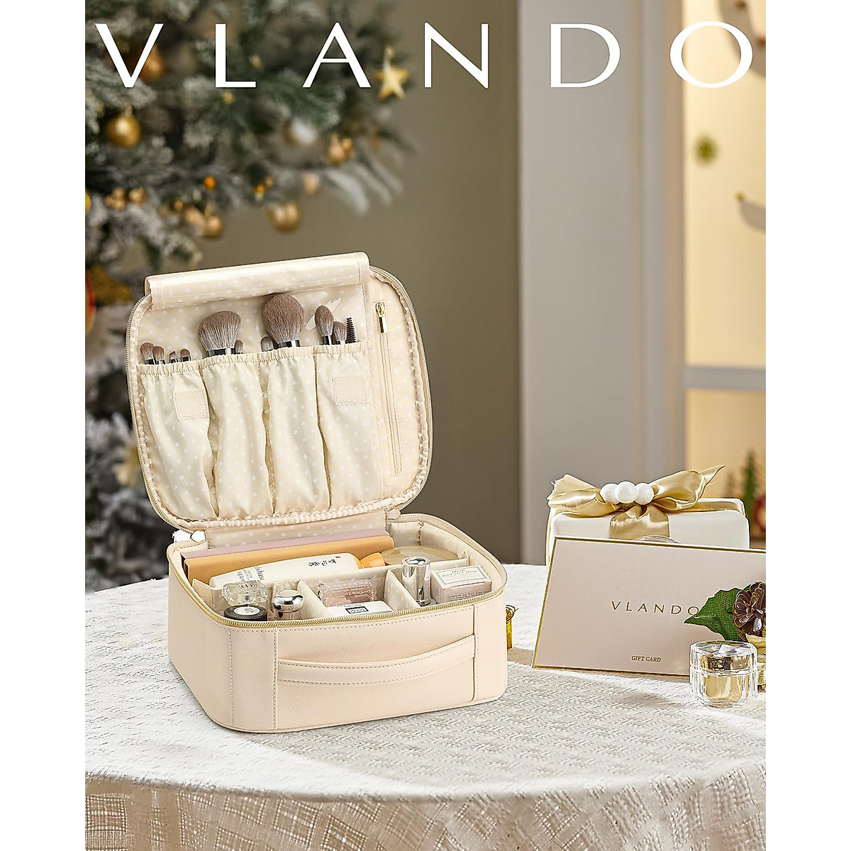 Vlando Travel Makeup Bag, Makeup Bag Organizer,Gift Ideas for Women Girls,Makeup Storgae Bag with Dividers and Handle,Gifts for Christmas,Birthday,Wedding Beige