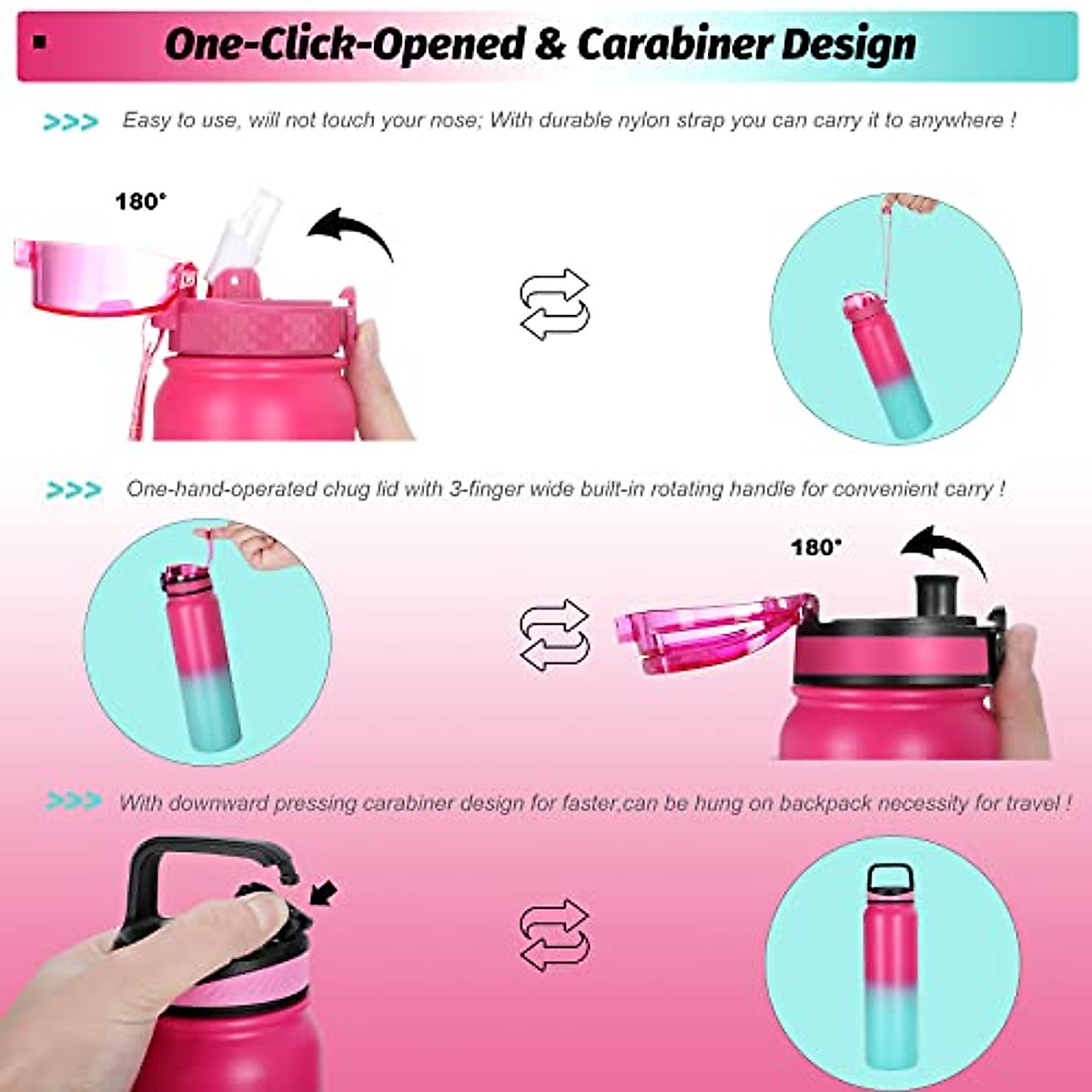 Oldley Insulated Water Bottle with Straw 32oz Stainless Steel Water Bottles with 3 lids Double-Wall Vacuum Thermal for Kids Adults School Sports,Ombre-Purple green