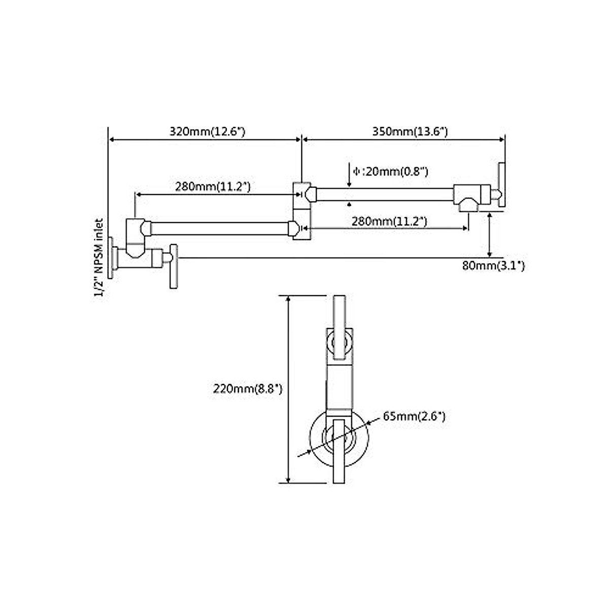 PHASAT Pot Filler Faucet,Black Pot Filler Wall Mount,Brass Kitchen Faucet Folding Stretchable with Double Joint Swing Arm,2 Handles with 2 Cartridges,Single Hole,Matte Black,PTZH01C