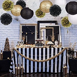 zilue Black Gold Party Decorations, Black Gold Paper Lanterns and Pom Poms Flowers for Birthday Party Graduation Masquerade New Years Party Decor 15PCS