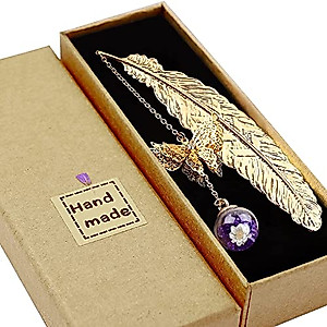 2pcs Metal Feather Bookmarks with Butterfly Bragonfly and Glass Beads Eternal Dry Flower Pendant Student Reading Page Markers Gift for Book Lover Women Girls Kids Children Readers