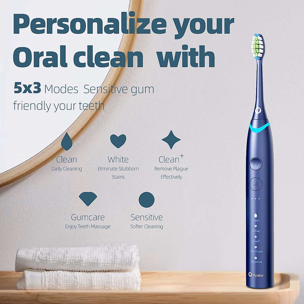 Hyslor Electric Toothbrush, Sonic Electric Toothbrush for Adult, 330 Days Use on One Charge, 5 Modes 3 Intensity Levels, Pressure Sensor, 2 Minute Timer, 30 Second Interval, Smart Memory Mode, IPX7