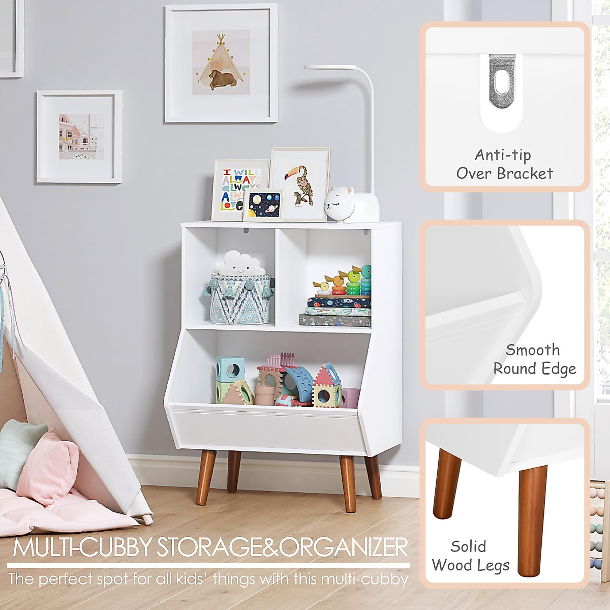 UTEX Toy Storage Organizer, Kids Bookshelf and Toy Storage with Legs, 3 Cube Storage Organizer, Toy Shelf for Kids Room, Living Room, Nursery, White