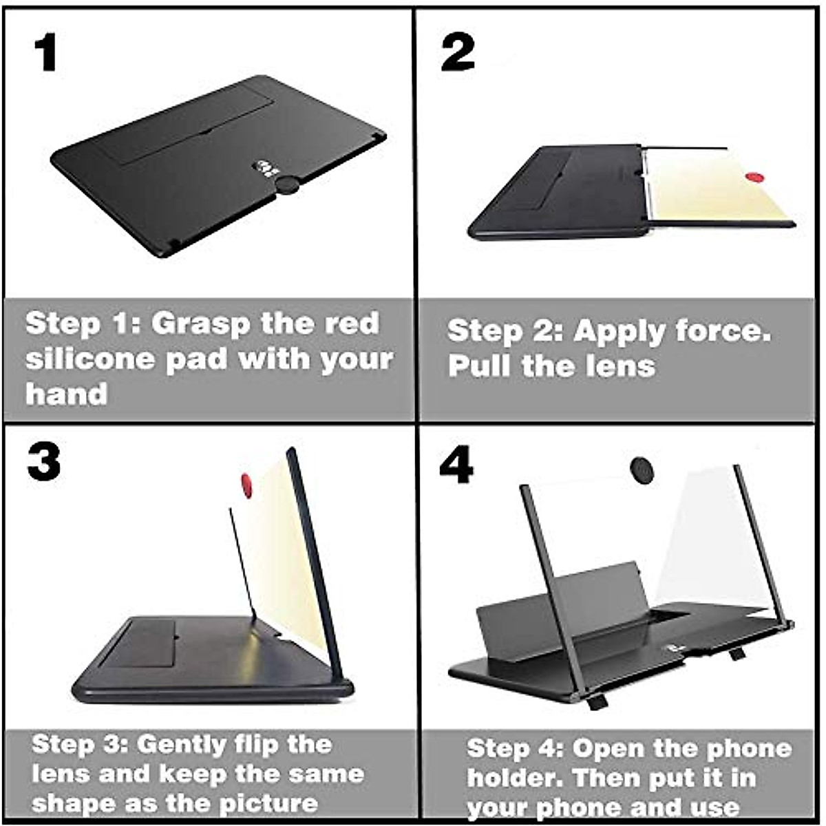 Junrbx Screen Magnifier Amplifier, New Generation Phone Holder Screen Amplifier, 3D HD Video and Gaming Phone Projector-with Foldable Phone Stand, Supports All Smartphones